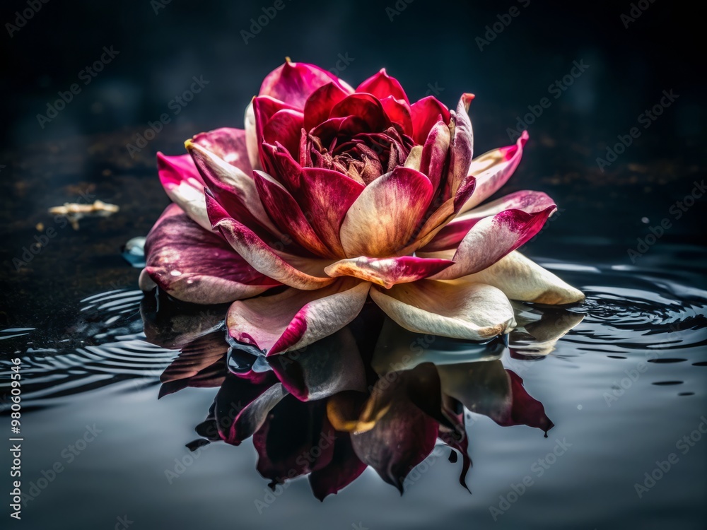Dark murky water blooms with a solitary, wilted flower, its petals once ...