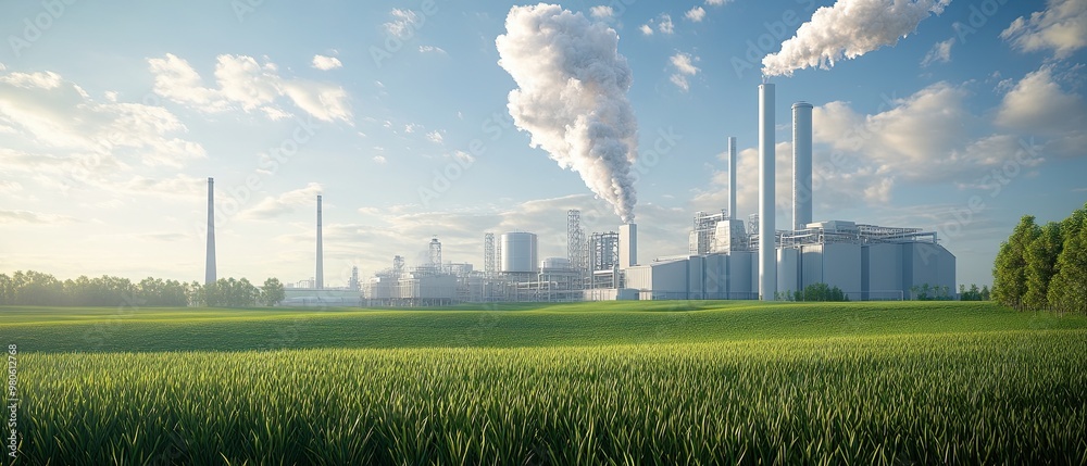 Carbon capture and storage facility with clear skies and green ...