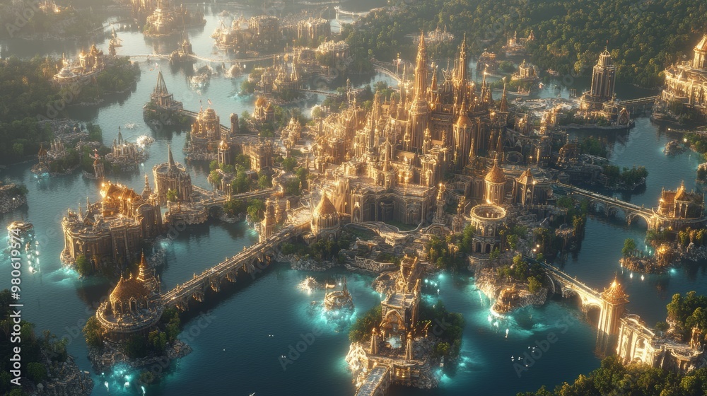 Aerial view of a majestic fantasy kingdom with towering castles and ...