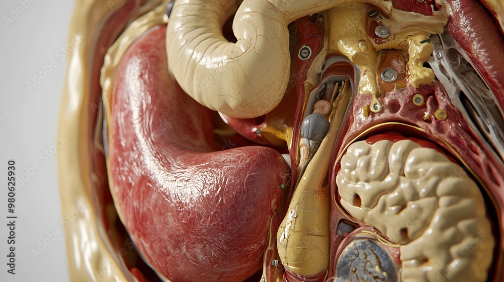 A hyper-real illustration of human internal organs in situ, high-quality, sharp images, showing ...