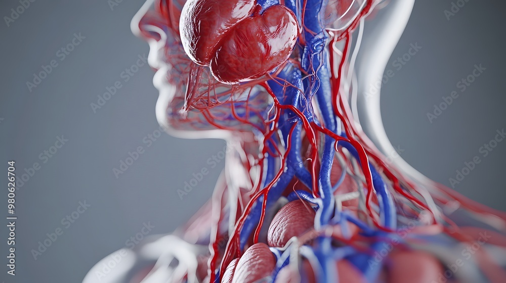 Anatomy of the human circulatory system, hyper-realistic, showing heart ...