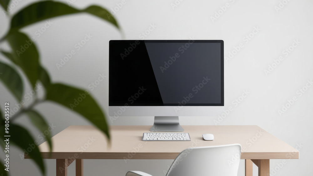 An empty desk with a desktop computer, monitor, keyboard and mouse ...
