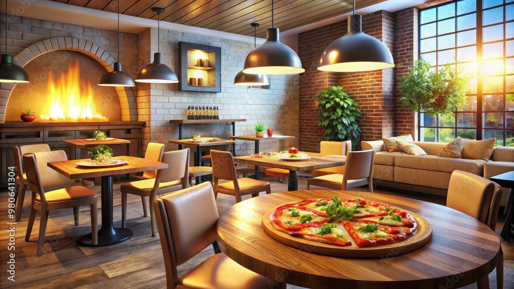 Realistic photograph of the cozy interior of a pizzeria, featuring ...
