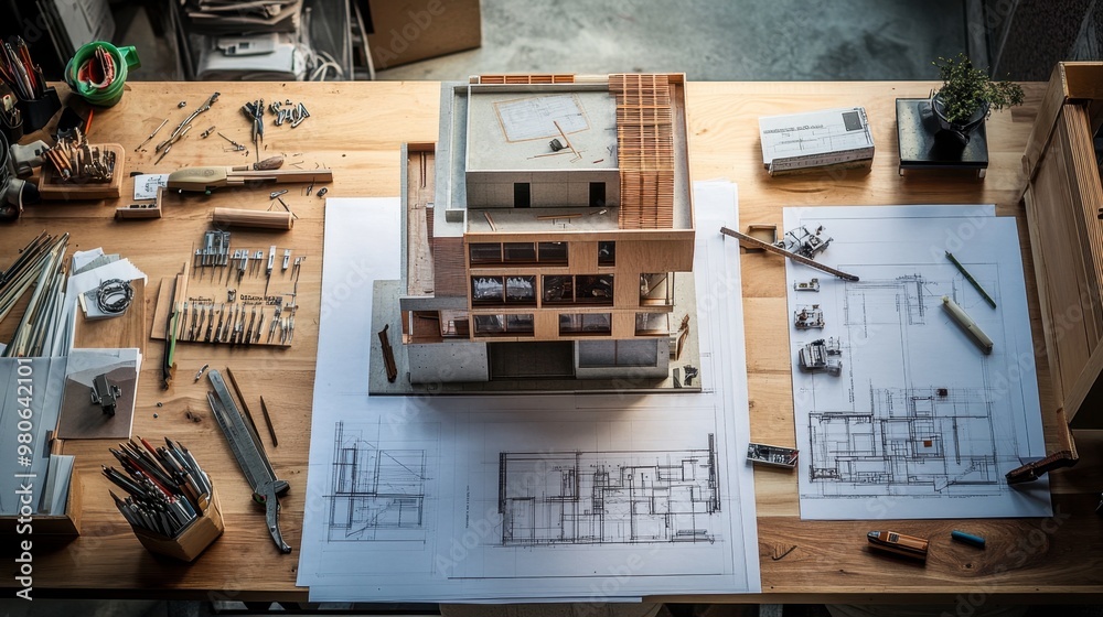 An architect desk with a scale model of a building, blueprints, and ...