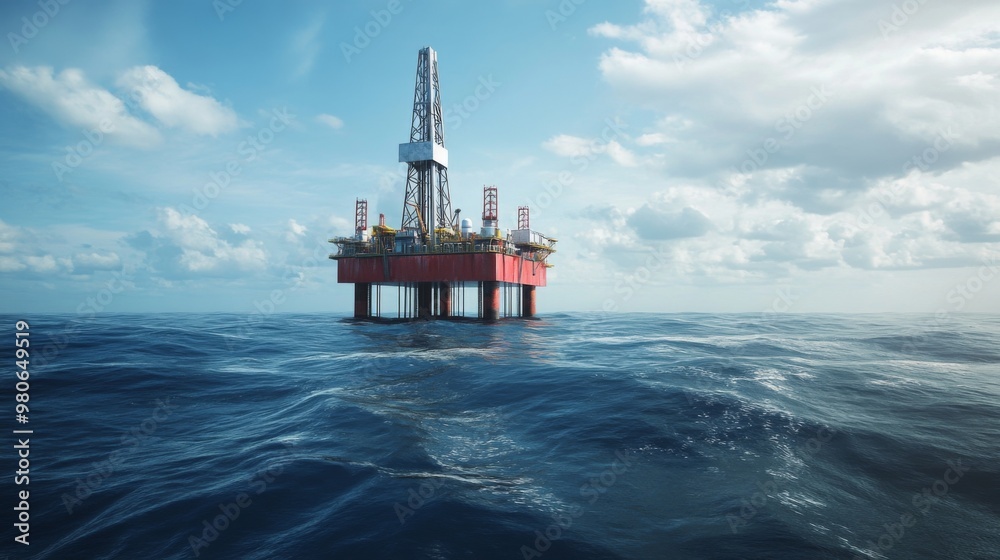 Offshore oil rig platform in open sea. Oil and gas wellhead remote ...