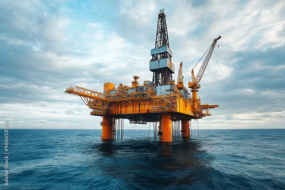 Offshore oil rig platform in open sea. Oil and gas wellhead remote ...