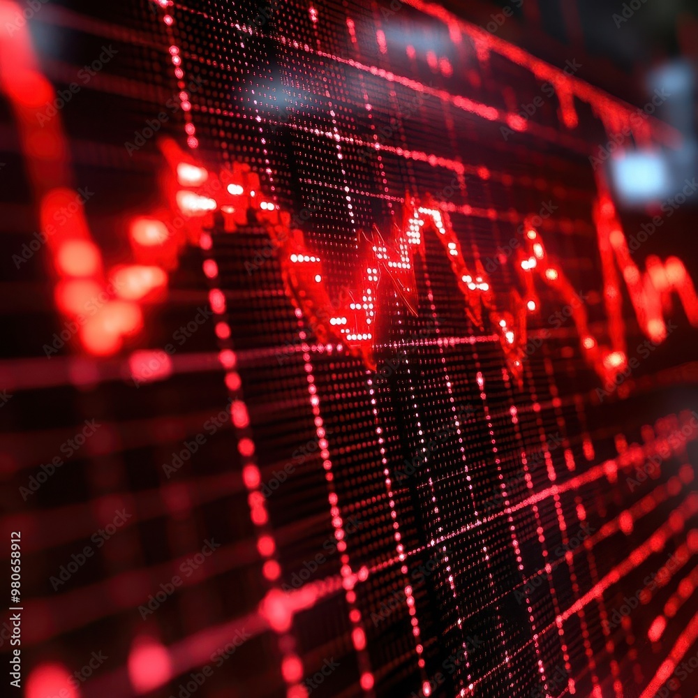 Abstract digital representation of stock prices falling, bright red ...
