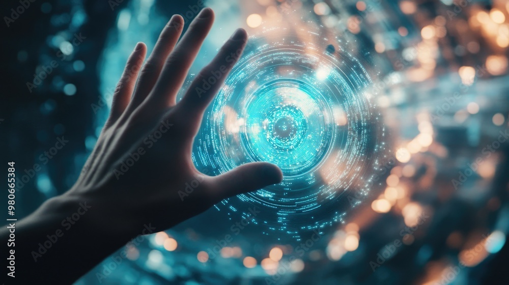 Hand reaching out to touch a holographic metaverse universe ...