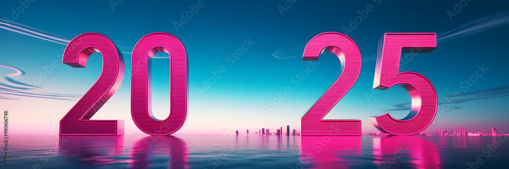Bright pink 2025 numbers with futuristic city skyline at sunrise Stock ...