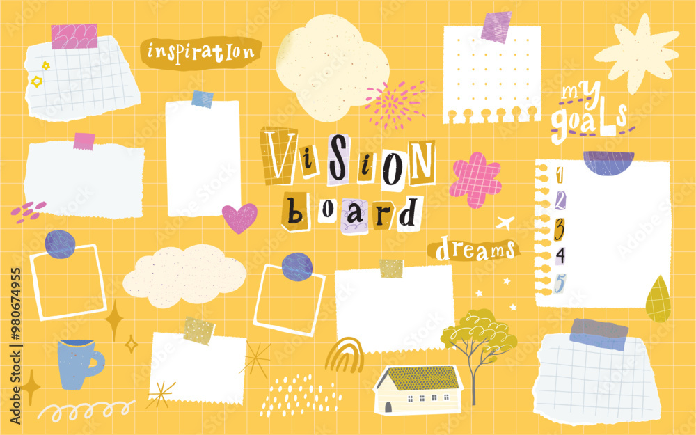 Vision board collage, torn paper memo, taped notes on the yellow wall ...