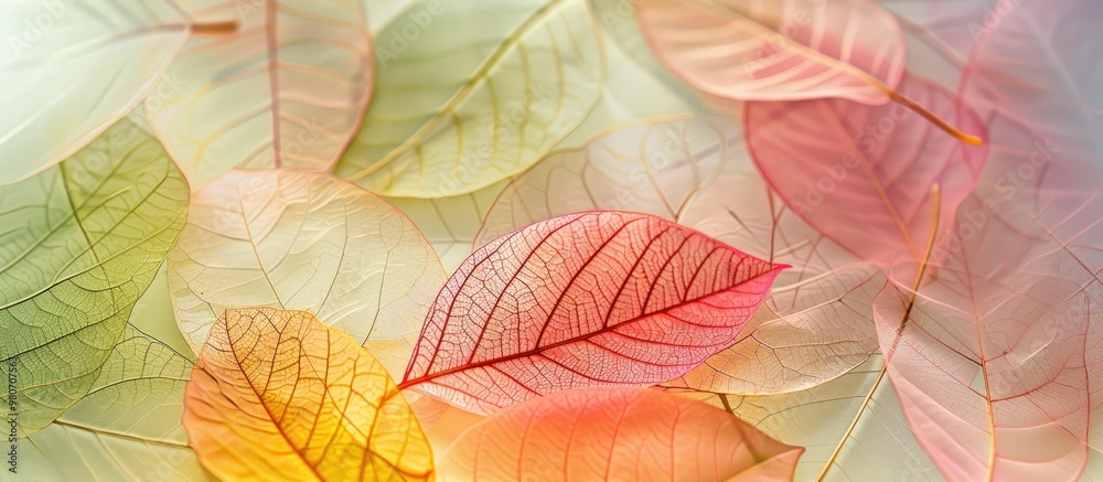 A top down display of colorful see through skeleton leaves with an ...