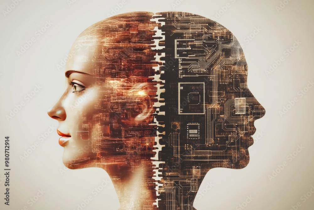 Female profile with digital circuitry embedded into the head ...