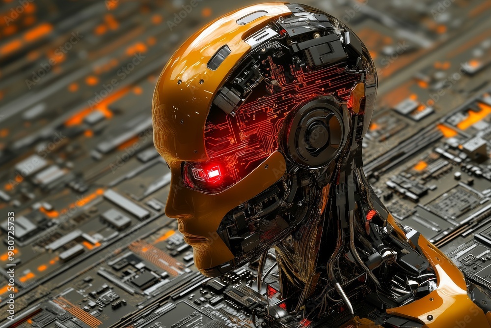 Ilustración de Stock Rusted cyborg head with exposed red eye and neural ...
