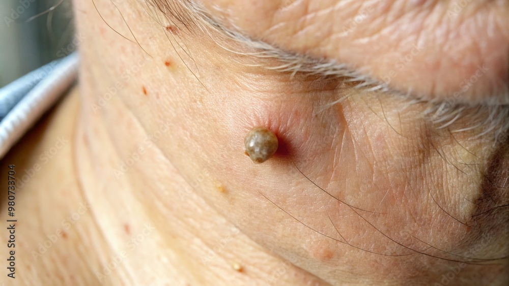 A close-up view of a small, benign skin growth, also known as a skin ...