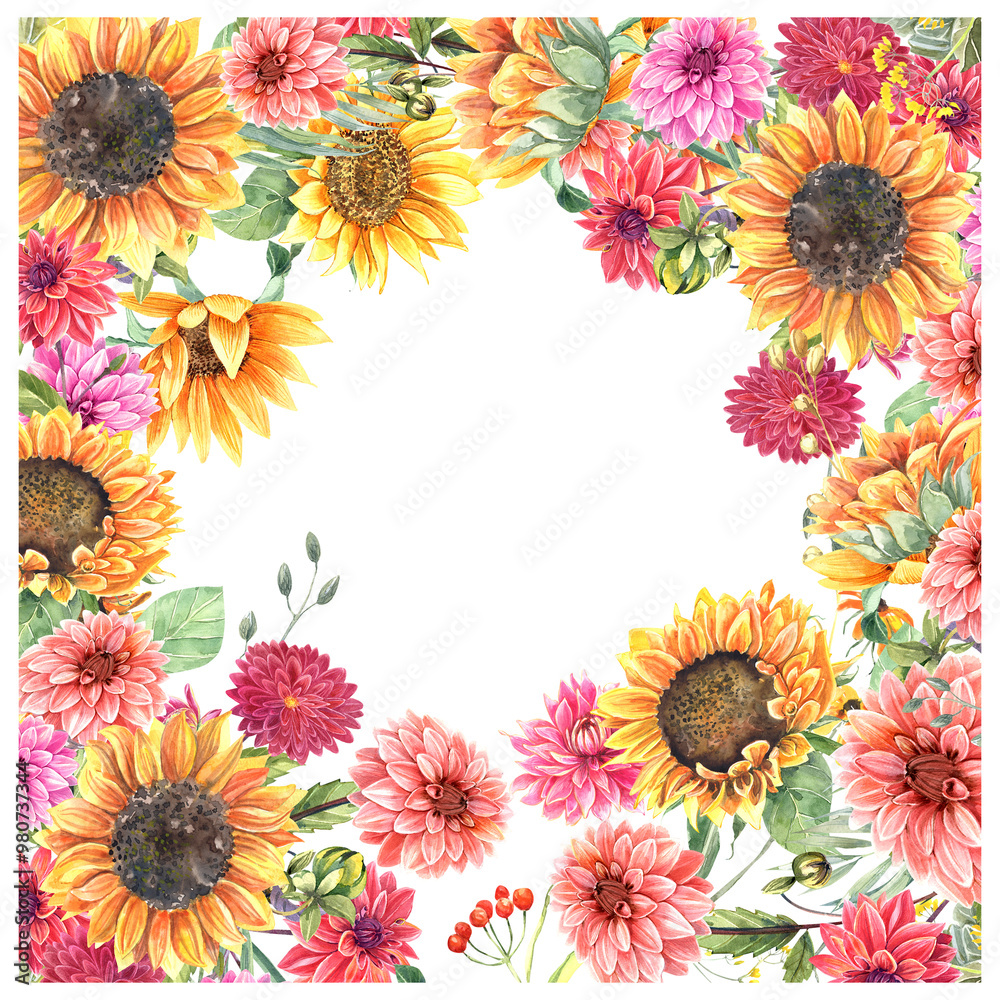 Dahlia, sunflowers floral watercolor frame,wreith clipart. Autumn ...