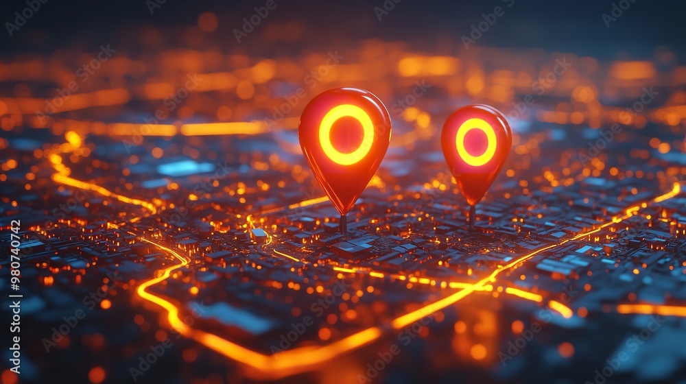 Digital map displaying a location with two pins set, representing AI technology in GPS ...