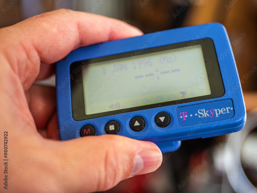 Vintage Deutsche Telekom Skyper Pager in Hand,Nostalgia of Early Mobile ...