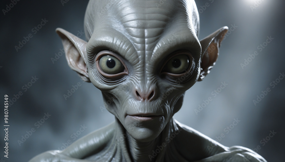Alien visage gros plan extraterrestre 3D humanoïde personnage fictif monstre petit gris UFO ...