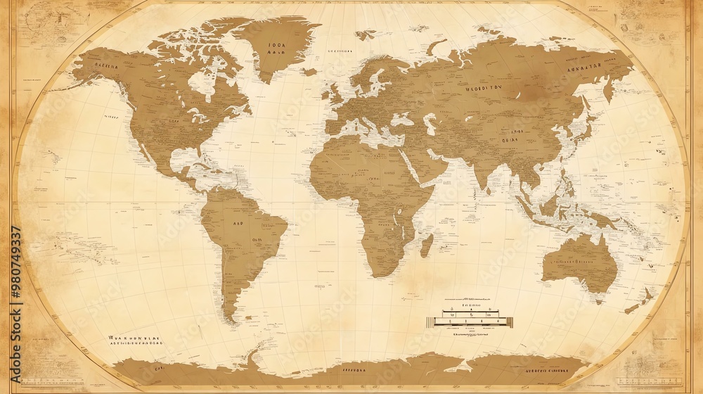 Vintage world map illustration showcasing geographical locations with a ...