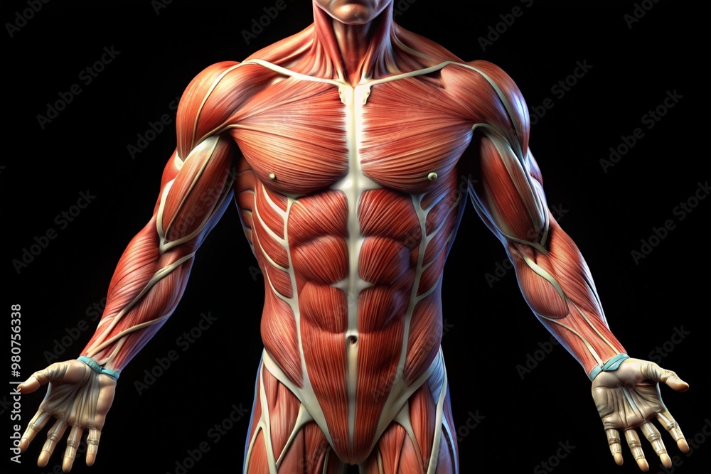 Detailed Illustration of Human Muscular System Showing Arm, Chest, and ...
