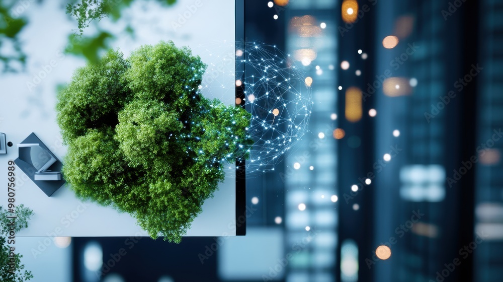 A panoramic view of a modern, globally connected office space, with ...