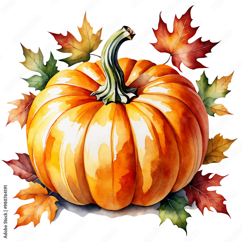 Watercolor pumpkin with bright colorful fall leaves. Png isolated ...
