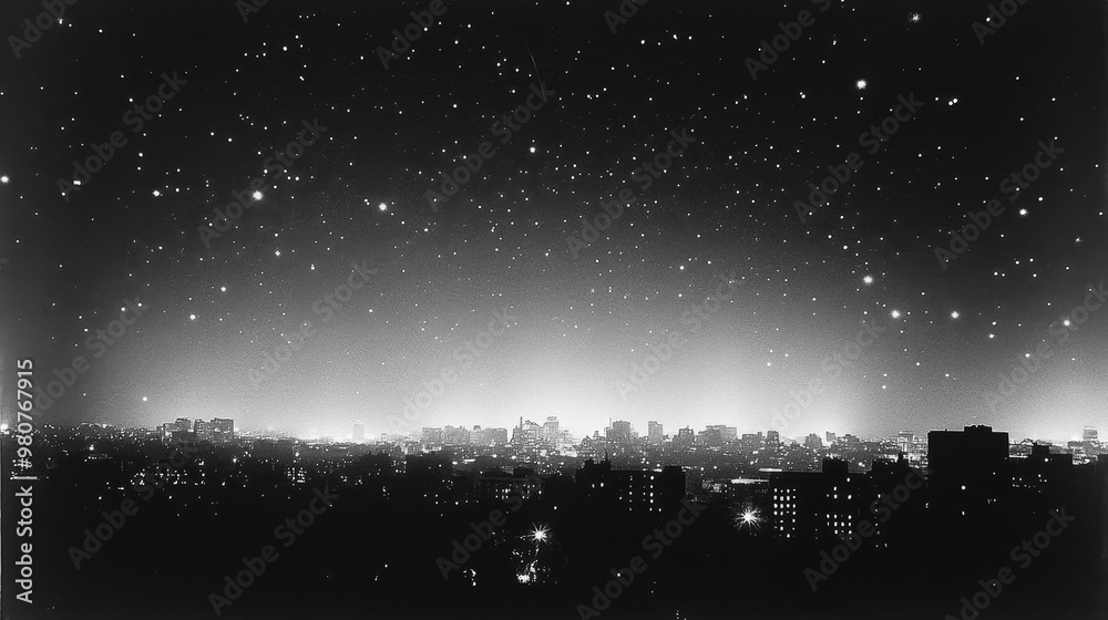 Black and white half tone starry sky, adorned with city lights ...