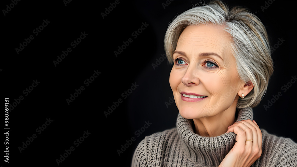 Portrait of happy mature model. Beautiful 50s mid aged mature woman isolated on black background ...