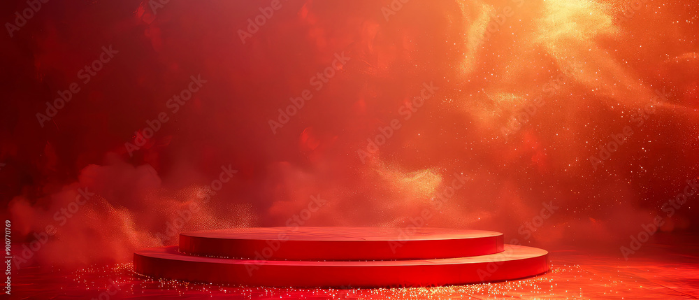Red shimmering podium, stage, pedestal with golden shimmer, dramatic ...