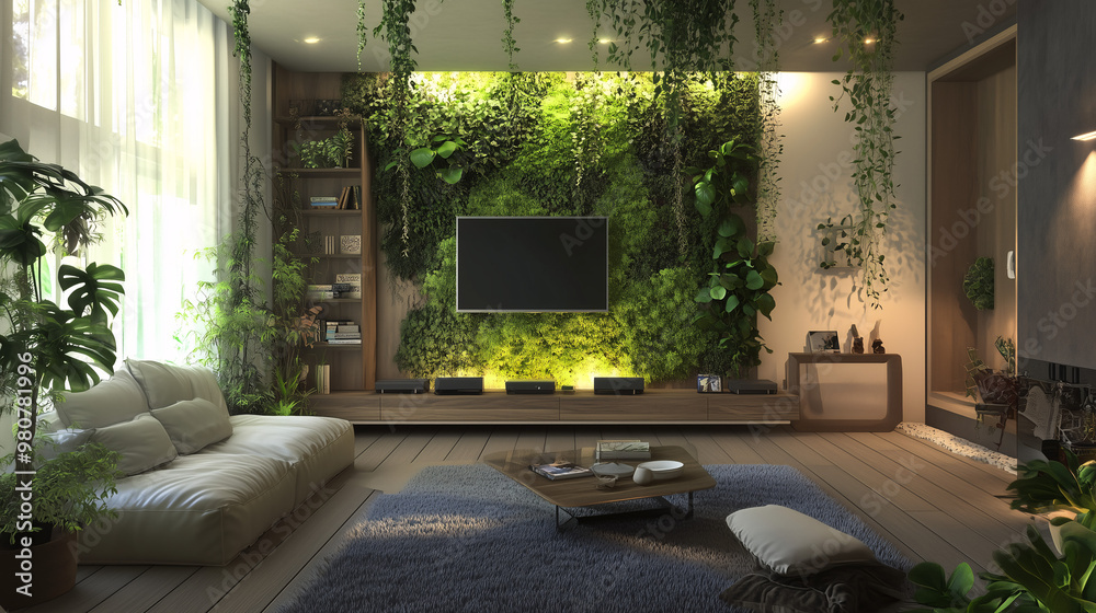 A peaceful living room space that embraces biophilic design with ...