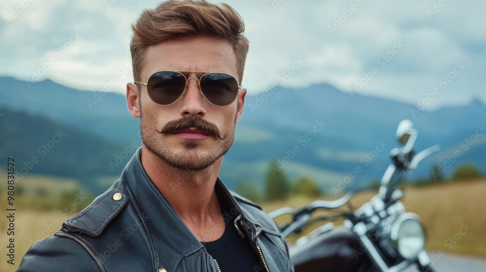 Man with a horseshoe moustache, leather jacket, and aviator sunglasses ...