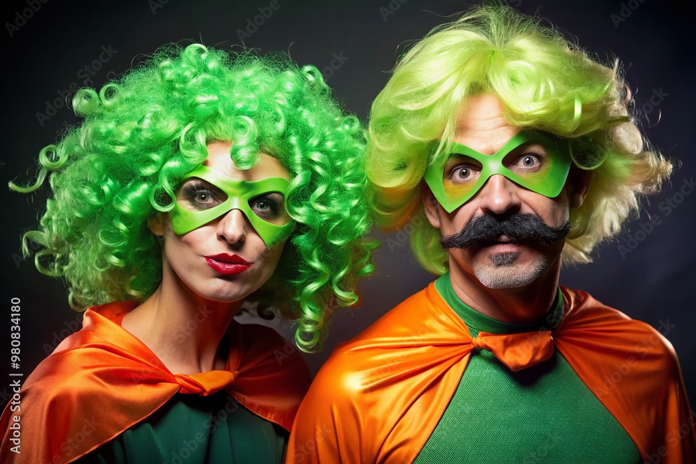 Clashing orange and green neon wigs, mismatched superhero capes, and ...