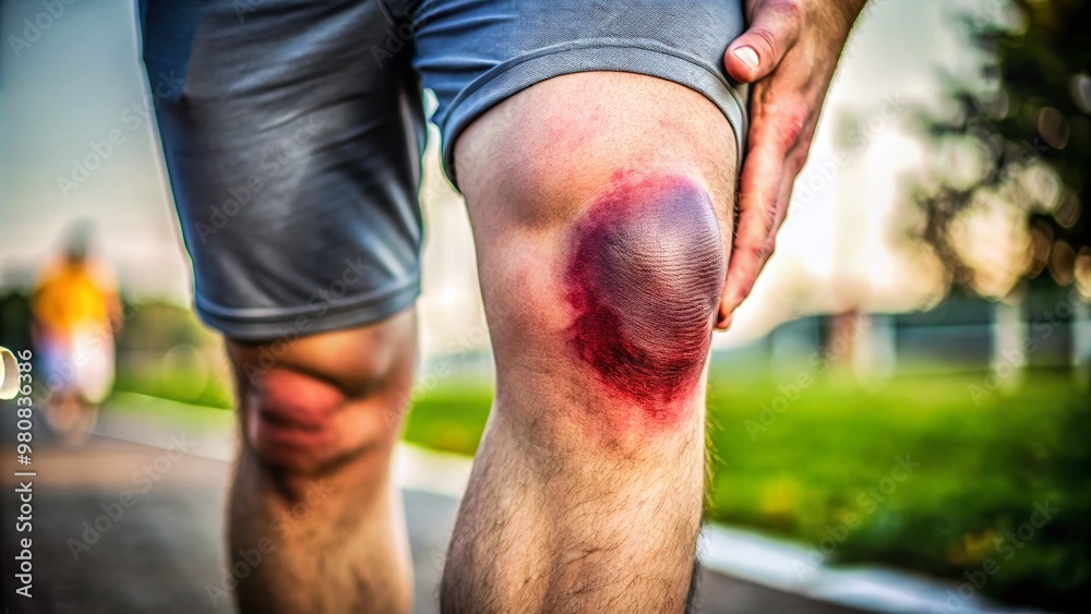 Close-up of a swollen knee with bruising and inflammation, showcasing ...