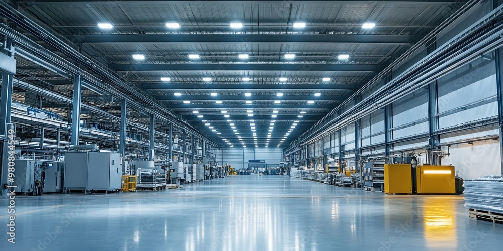 Spacious industrial warehouse with bright LED lights and clean floors ...