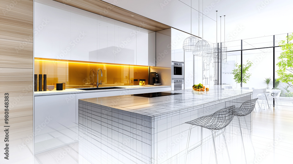 translucent design lines floating above a true-scale floor plan ...