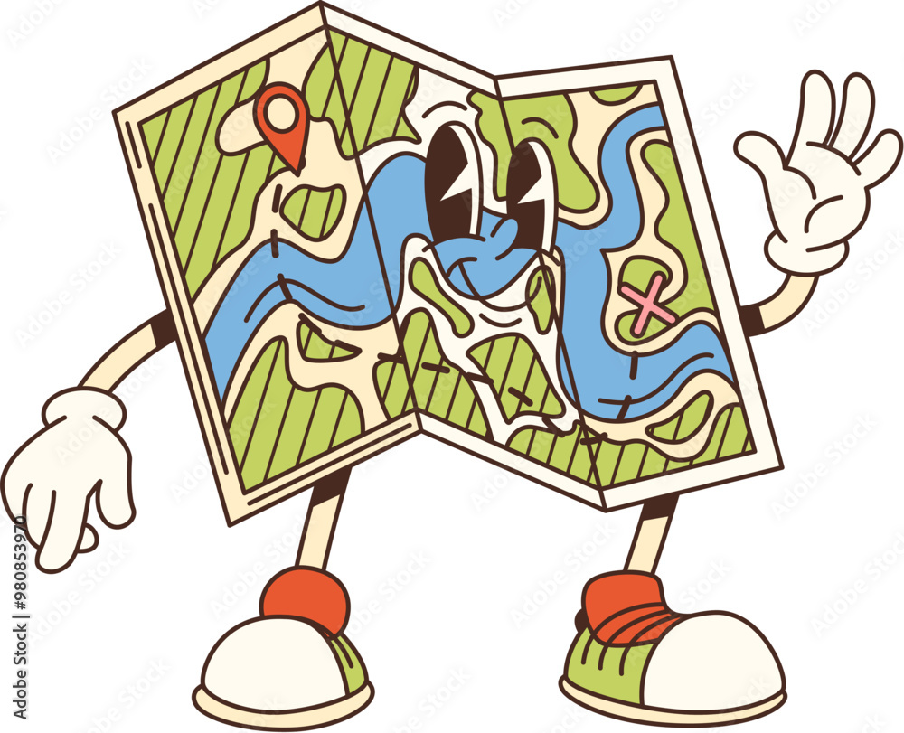 เวกเตอร์ Stock Cartoon groovy travel map character, camp and tourism ...