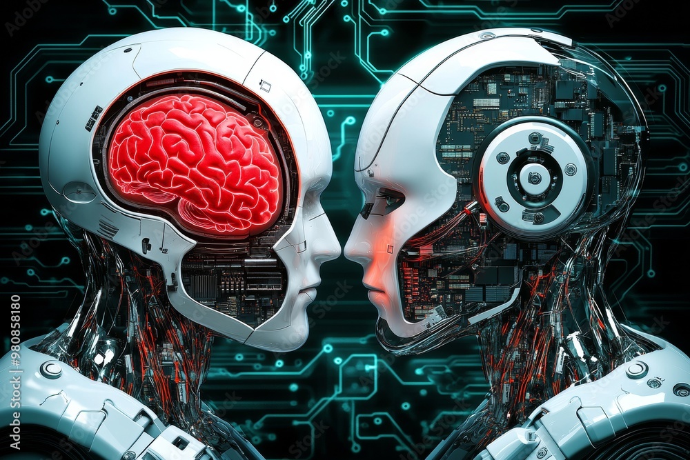 Two robots with visible brains facing each other symbolizing the convergence of robotics and ...