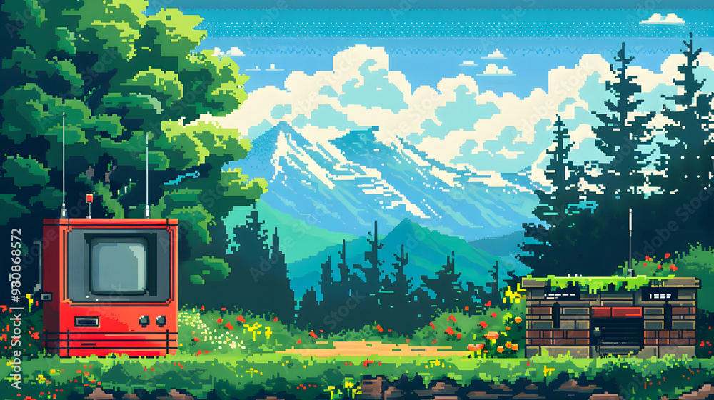 Pixel art game background with button level up. Game design concept in ...