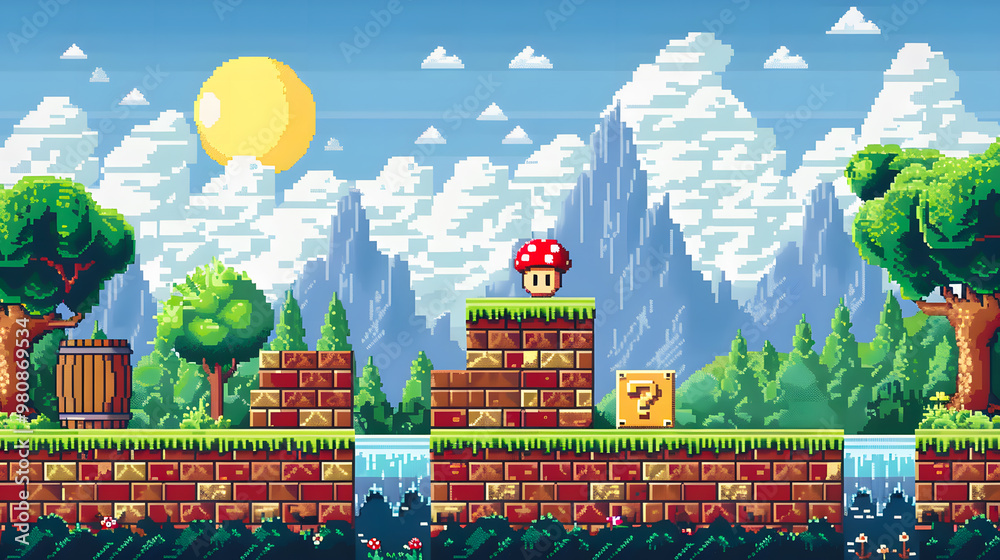 Pixel art game background with button level up. Game design concept in ...
