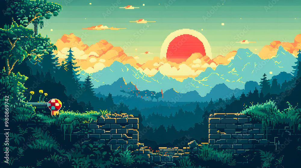 Pixel art game background with button level up. Game design concept in ...