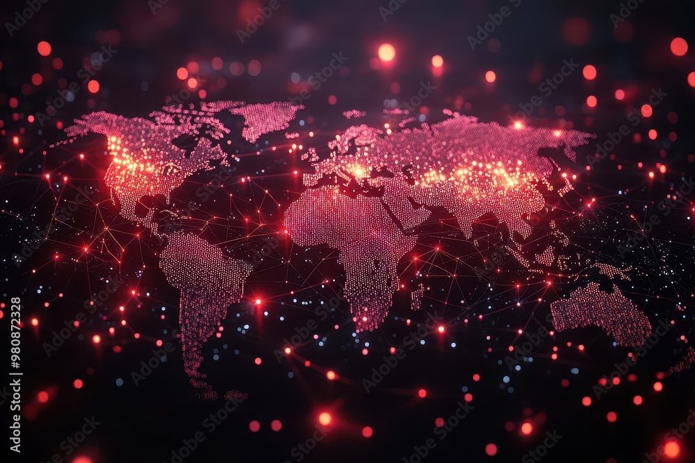 interconnected world map glowing network lines link countries on dark background futuristic ...