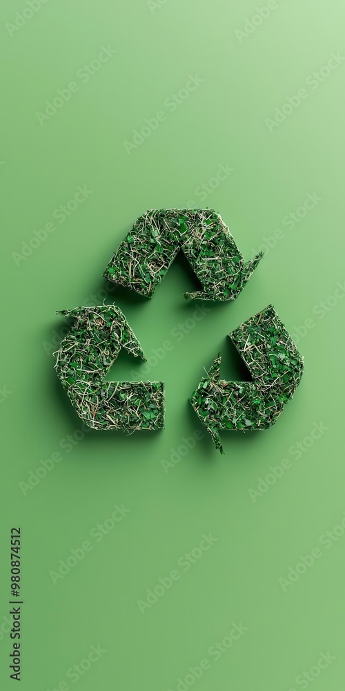 Eco-friendly recycling symbol made of grass on a green background ...
