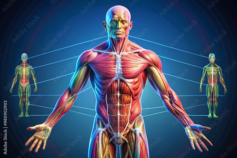 Illustrated anatomical diagram showcasing the human muscular system ...