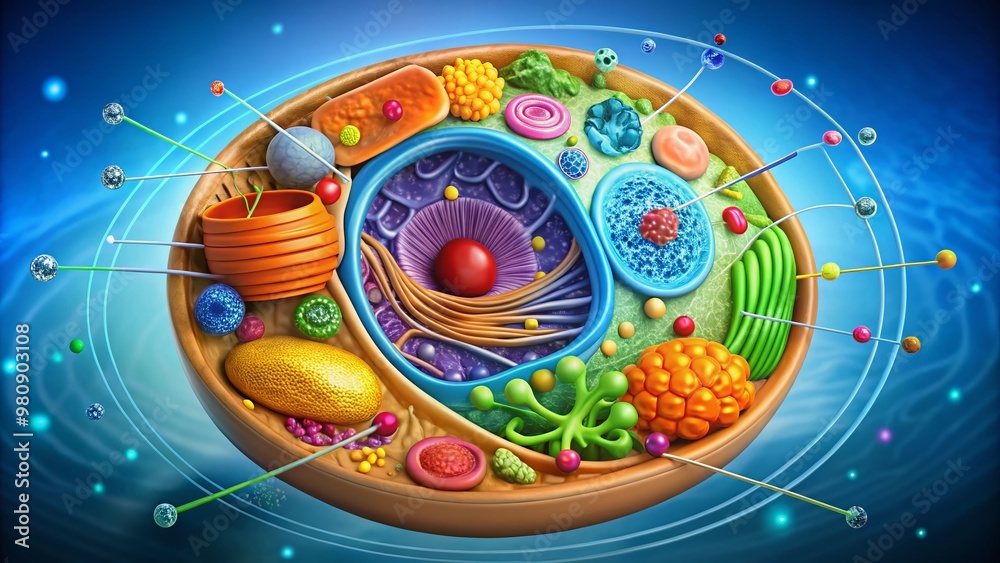 Illustrated colorful diagram of an animal cell structure, labeling key ...