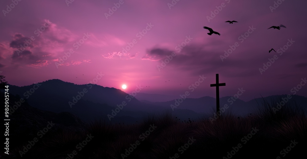 The cross of Jesus Christ crosses the barrier to Calvary against a ...