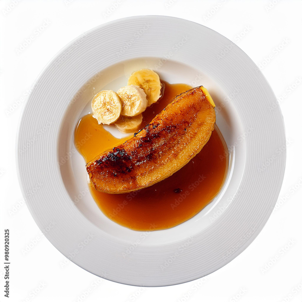 aliment, dessert, banane flambé , fruit, assiette, , sucre, blanc ...