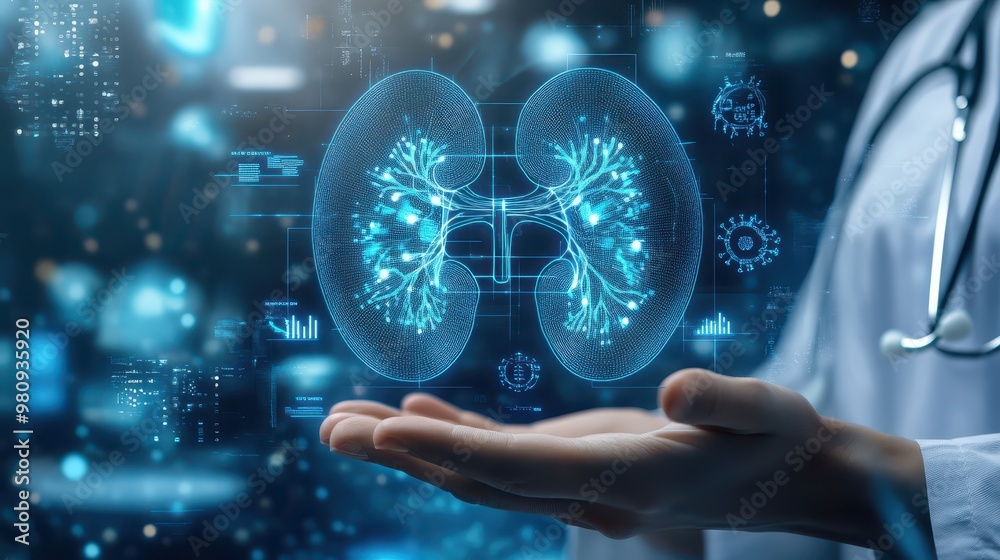Medical tech background with hands presenting a digital kidney diagram ...