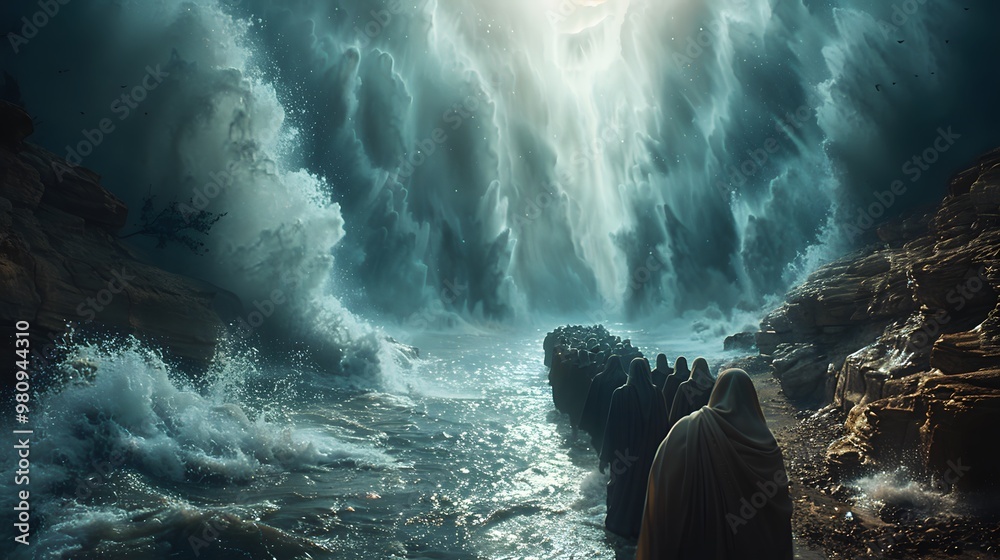 Capture the moment of Moses commanding the Red Sea to part, creating a ...