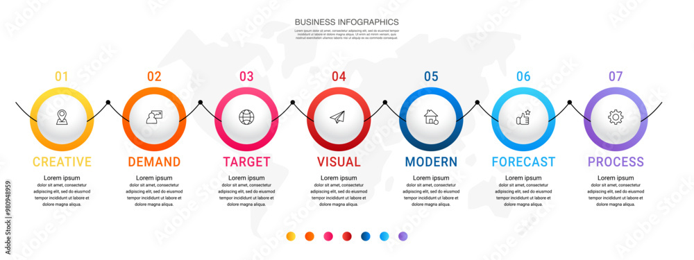 Vector timeline infographics template with 7 circles and options. Blank ...