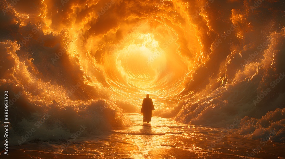 Show the awe-inspiring scene of Moses parting the Red Sea, creating a ...